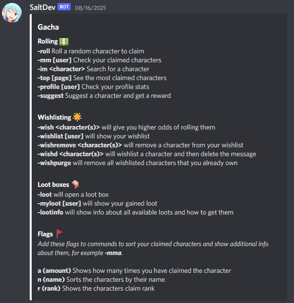 GitHub - salmonslay/SaltBot-Gacha: Discontinued Mudae-like gacha-bot module for SaltBot.