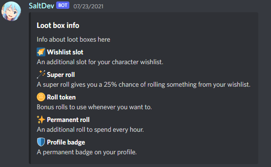 GitHub - salmonslay/SaltBot-Gacha: Discontinued Mudae-like gacha-bot module for SaltBot.