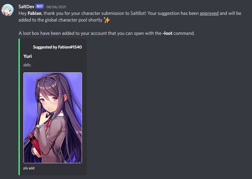 GitHub - salmonslay/SaltBot-Gacha: Discontinued Mudae-like gacha-bot module for SaltBot.