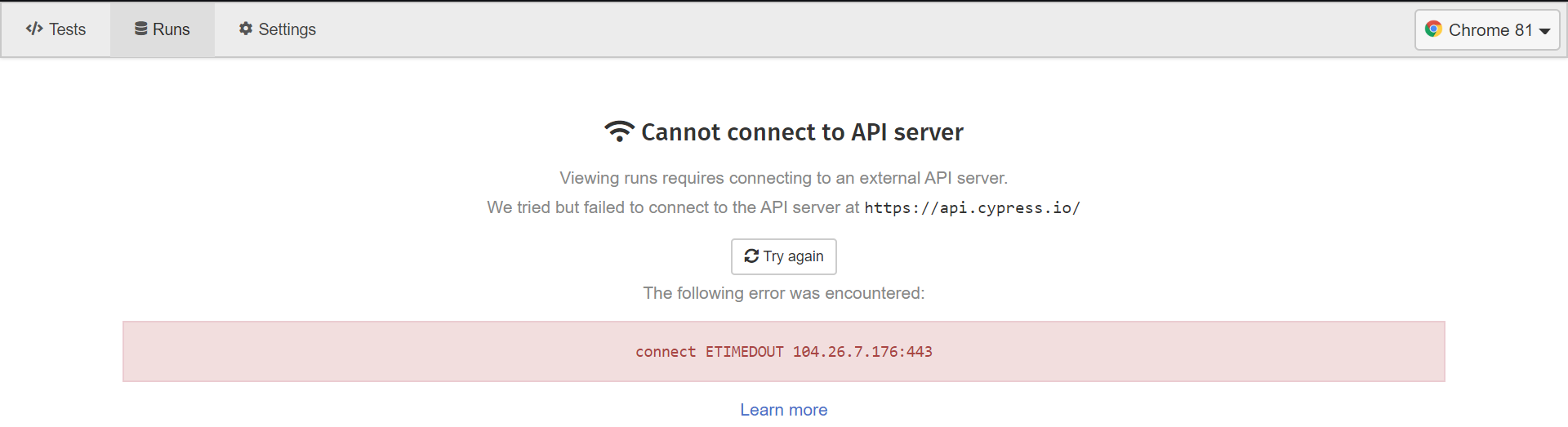 Unable To Connect To Cypress Test Runner Dashboard Api