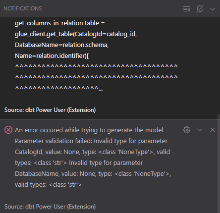 Generate model "button" not working when using dbt-athena adapter (CatalogId and DatabaseName ...