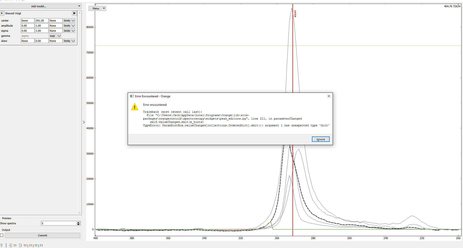 Error on attempting to alter parameters in PeakFit Widget · Issue #619 · Quasars/orange ...