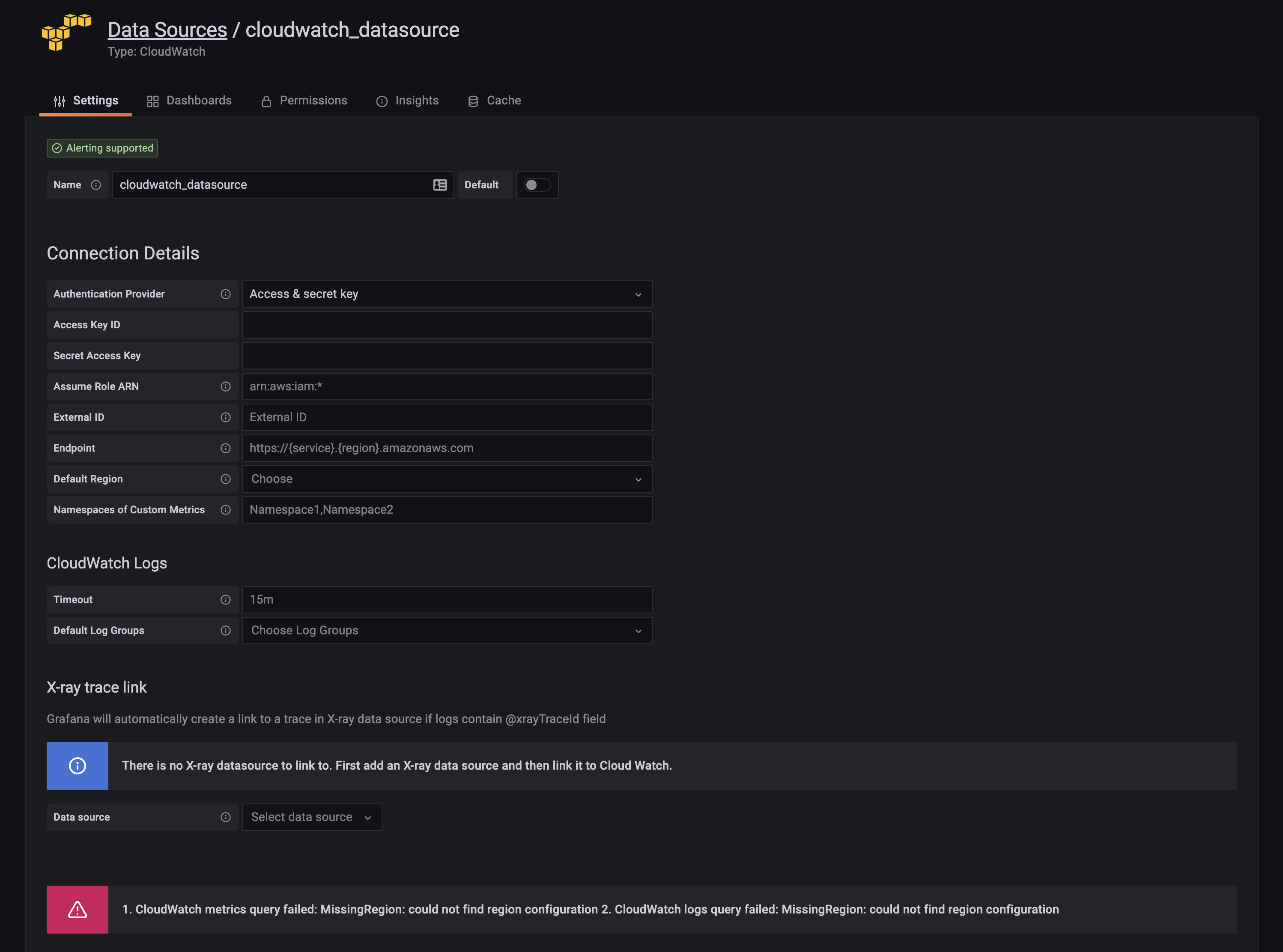 `access Key` And `secret Key` Not Being Configured For Cloudwatch Data Source · Issue 715