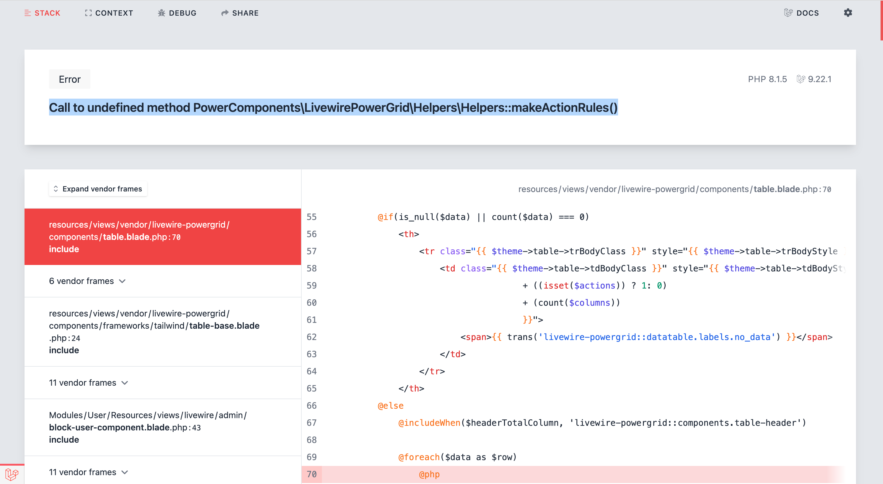 Call to undefined method PowerComponents\LivewirePowerGrid\Helpers\Helpers::makeActionRules ...