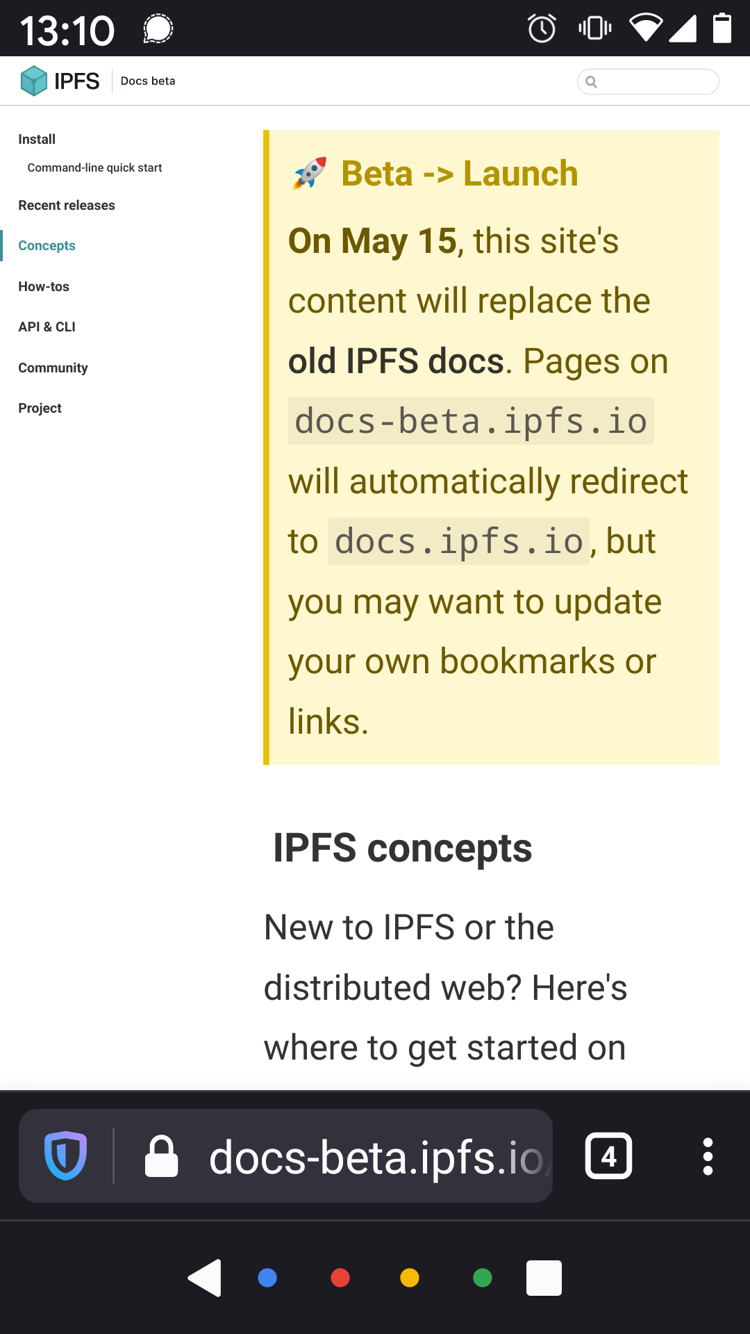 Make the sidebar nav collapse in Firefox Preview on Android. · Issue #304 · ipfs/ipfs-docs · GitHub