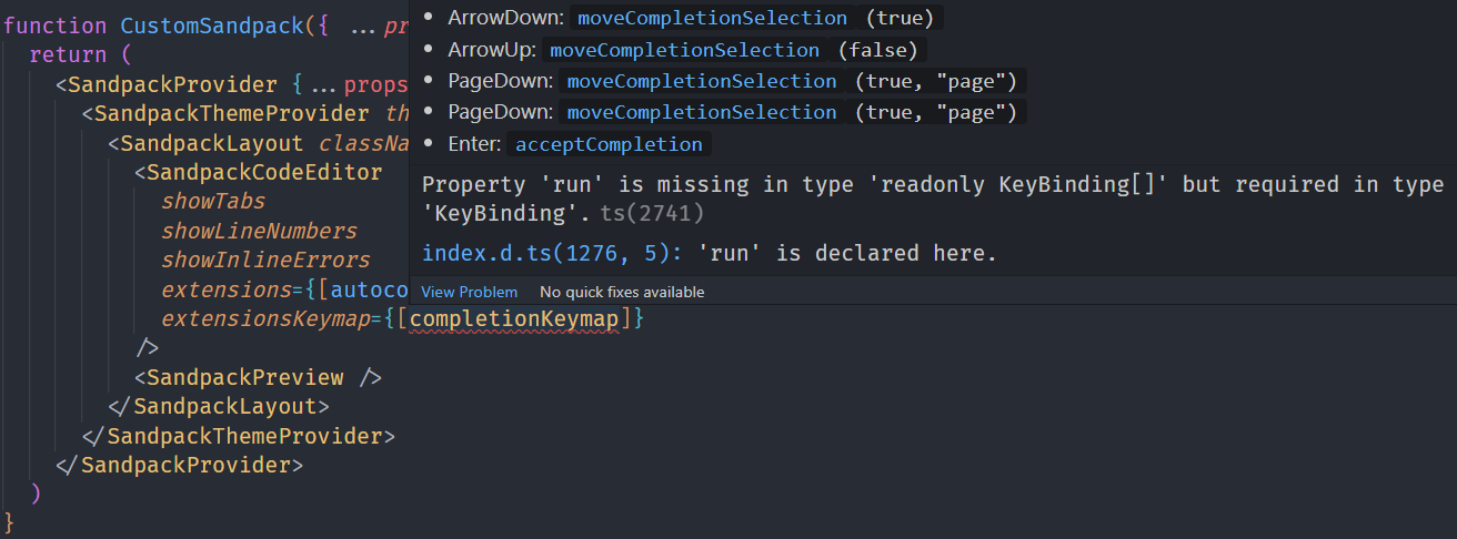 Property 'run' is missing in type 'readonly KeyBinding[]' but required in type 'KeyBinding'.ts ...