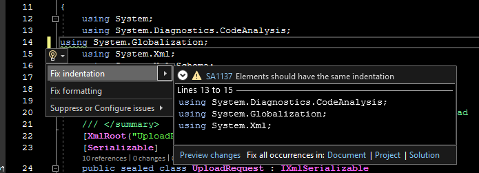 Using Fixup Rule To Add Using Namespace Is Not Respecting Code Indentation Settings Requiring