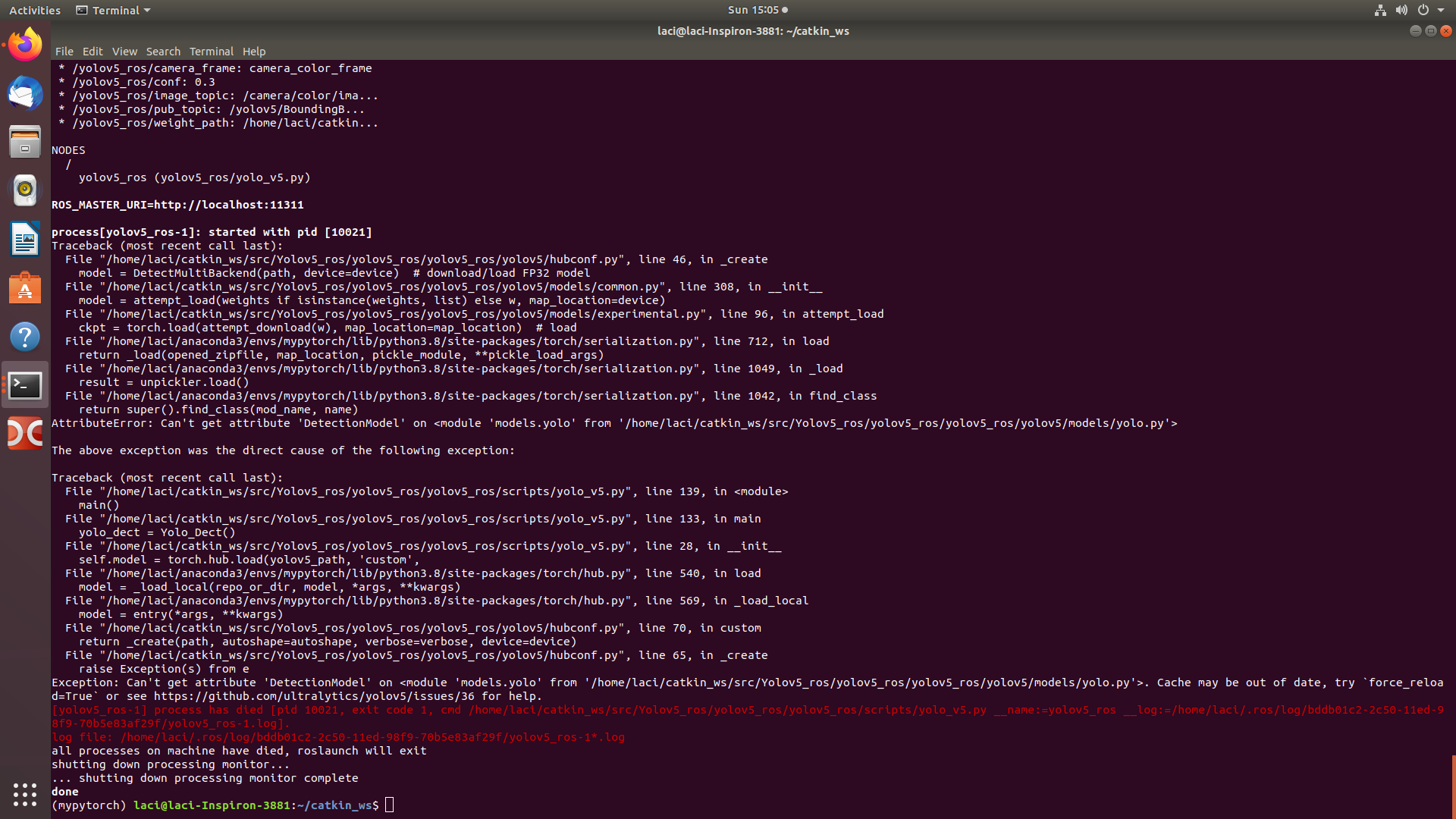 Exception: Can't get attribute. Cache maybe out of date, try force_reload=TRUE - yolov5 ROS ...
