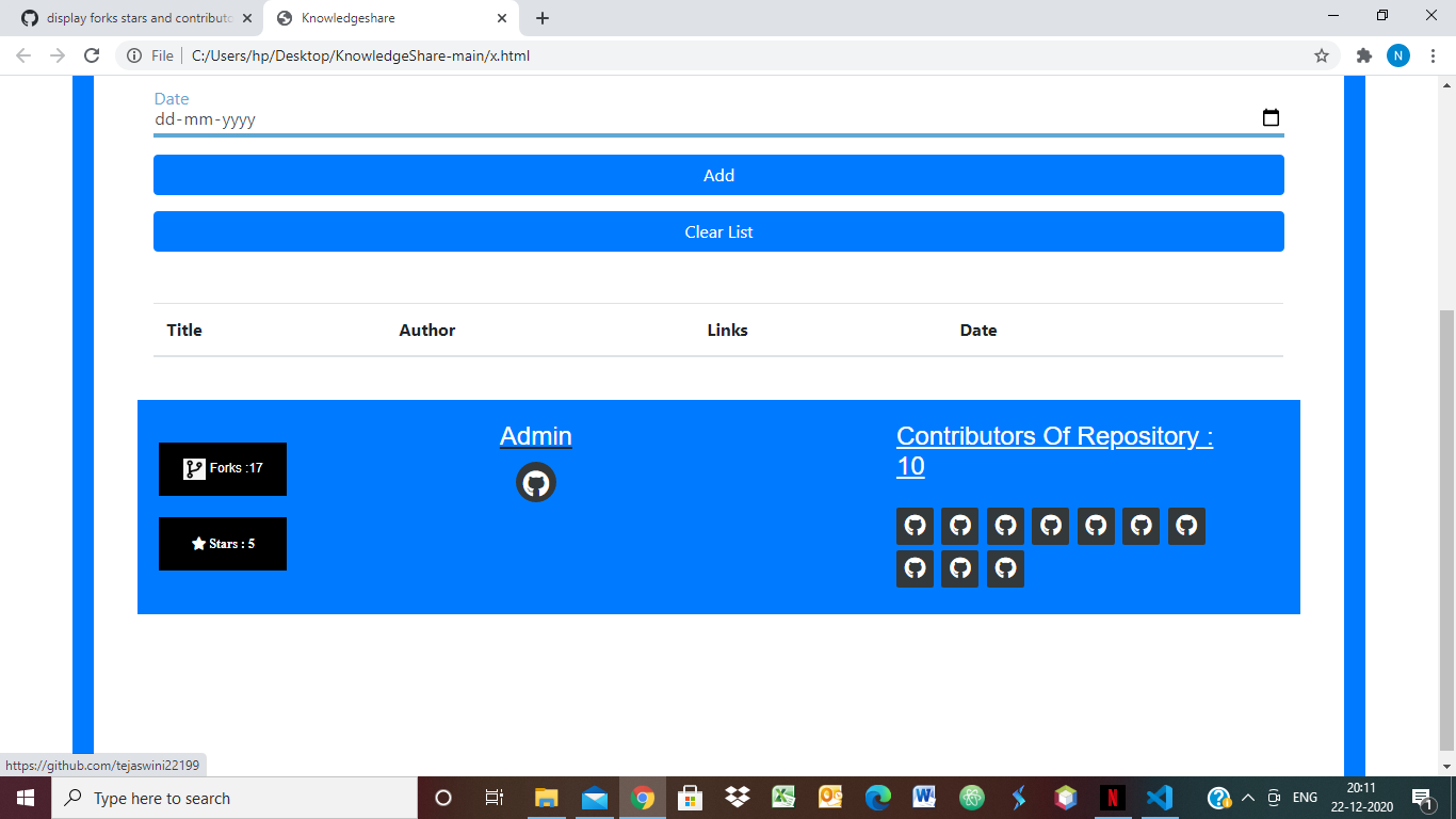 display forks stars and contributors,admin of this repo by creating a footer at the base page of ...