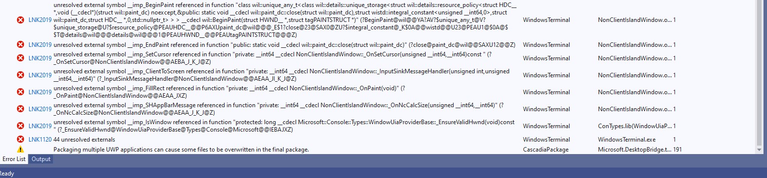 LNK2019, LNK2001, LNK1120, MSB4181 error when compiling · Issue #6180 · microsoft/terminal · GitHub