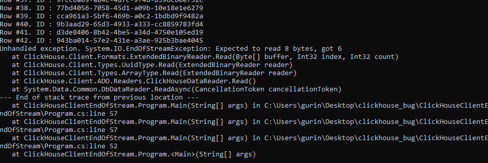 EndOfStreamException · Issue #184 · DarkWanderer/ClickHouse.Client · GitHub