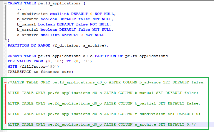 Генерация избыточного кода для дочерней секционированной таблицы · Issue #36 · pgcodekeeper ...