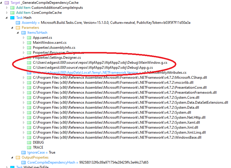 DesignTimeBuild produces a different hash value in CoreCompileInputs.cache than a normal build ...