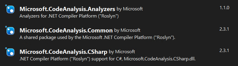 Analyzer classes cannot be created because assembly 'Microsoft.CodeAnalysis.Analyzers' is not ...