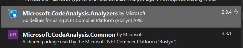 Analyzer classes cannot be created because assembly 'Microsoft.CodeAnalysis.Analyzers' is not ...
