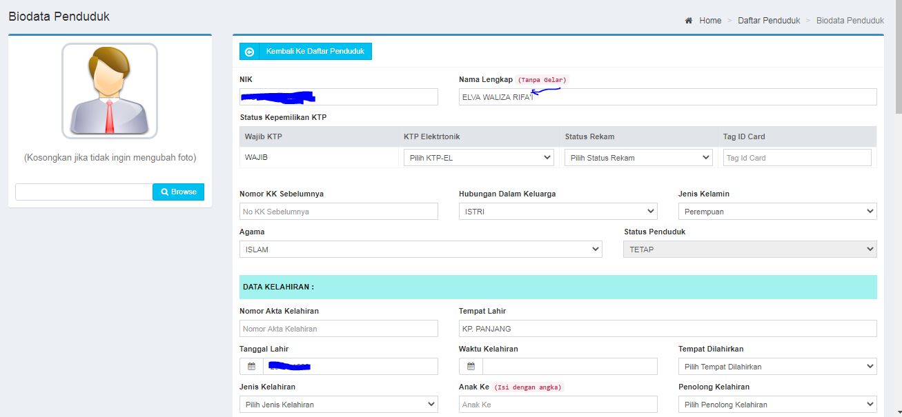 Nama penduduk menampilkan tanda " \"(garis miring) di kolom pencarian nama di modul cetak surat ...