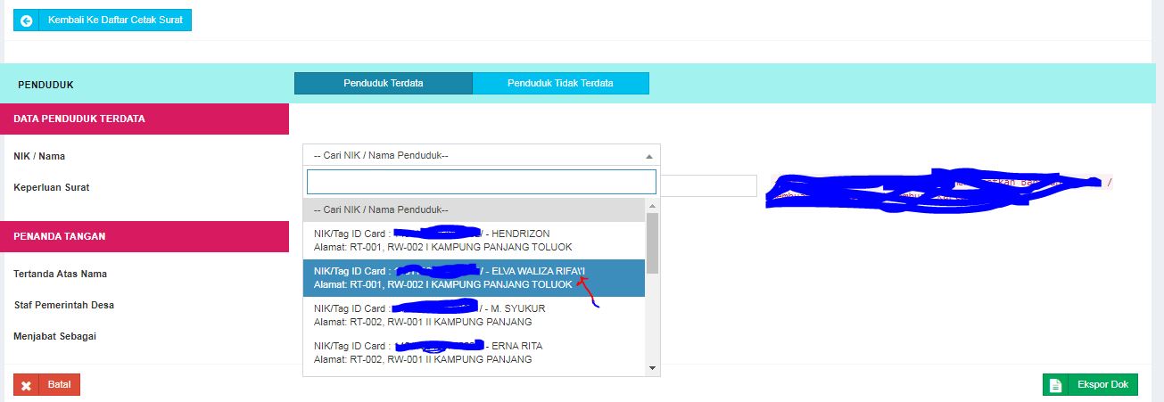 Nama penduduk menampilkan tanda " \"(garis miring) di kolom pencarian nama di modul cetak surat ...