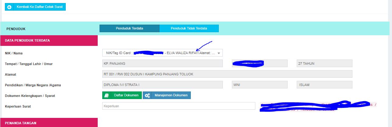 Nama penduduk menampilkan tanda " \"(garis miring) di kolom pencarian nama di modul cetak surat ...