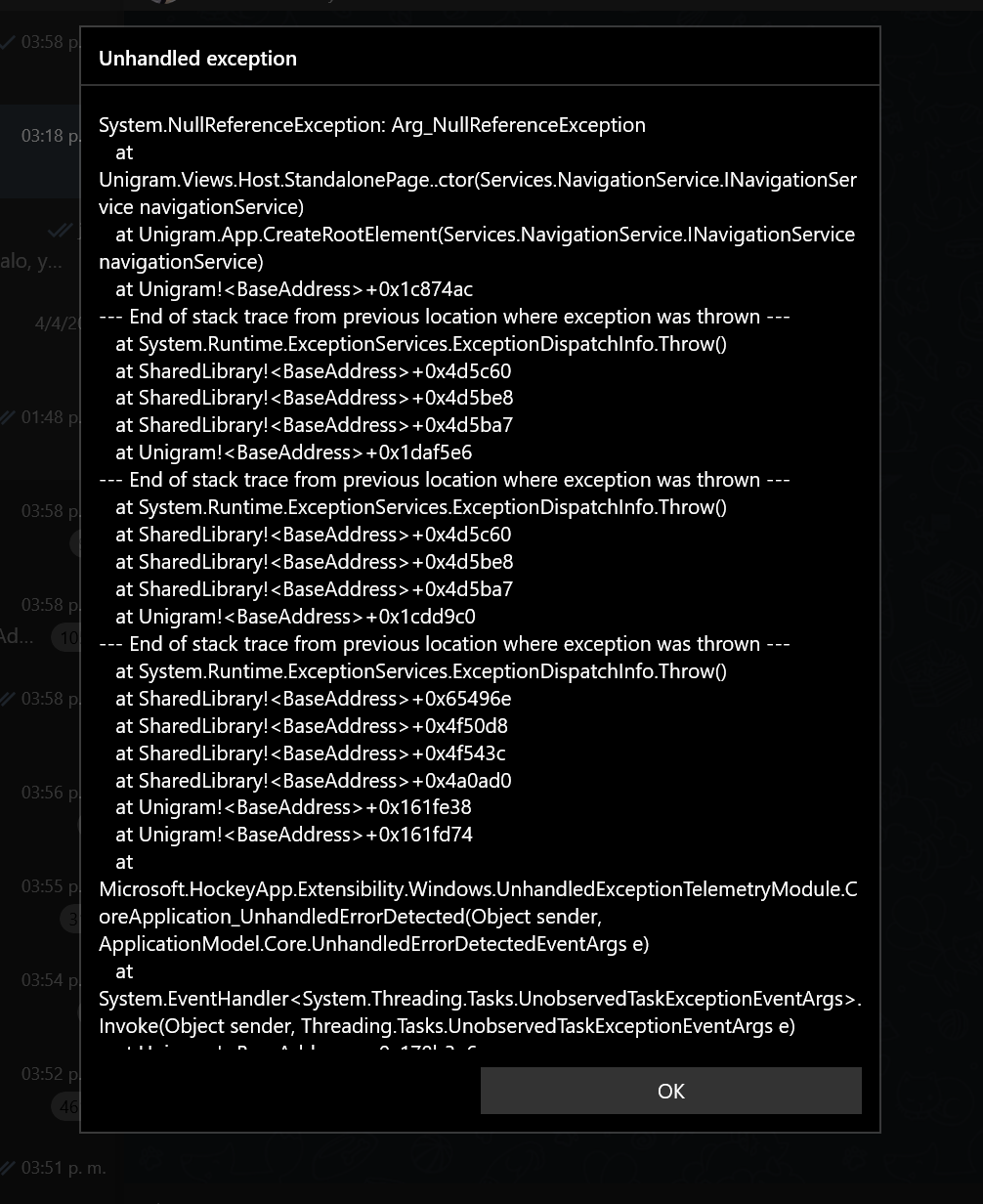 Unhandled Exception when press Shift + Click · Issue #1078 · UnigramDev/Unigram · GitHub
