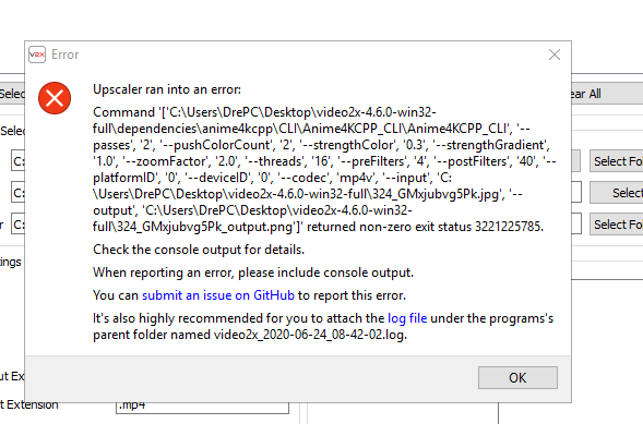 returned non-zero exit status 3221225785. · Issue #308 · k4yt3x/video2x · GitHub