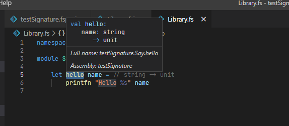 When using a signature file Ionide doesn't show the documentation in the tooltip in the ...