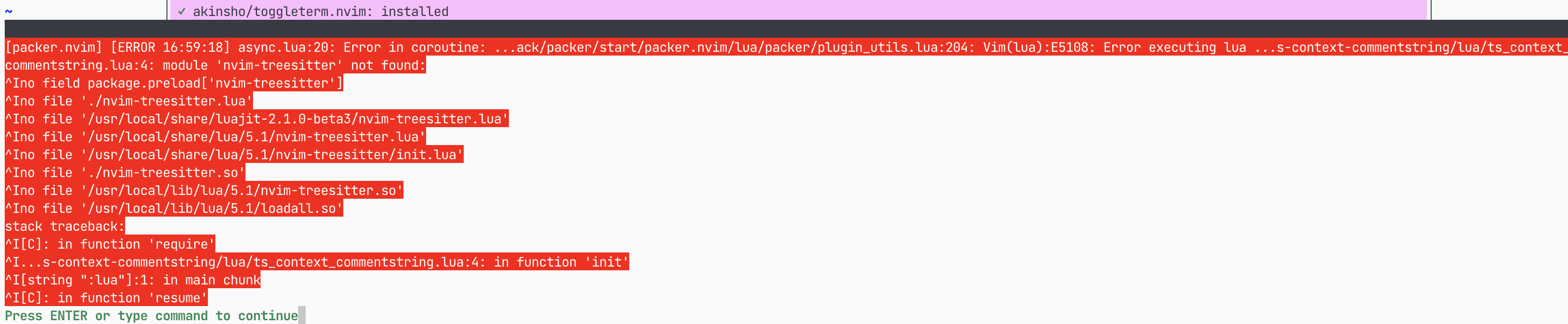 Error about `nvim-treesitter` not found on a fresh install · Issue #77 · LunarVim/Launch.nvim ...