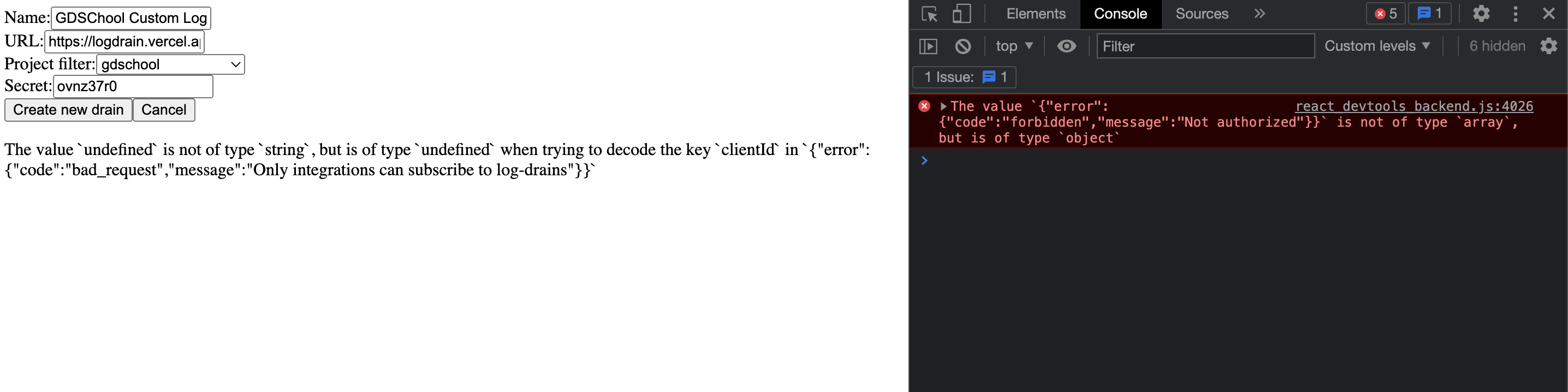 Create log drain from vercel cli or web gui · vercel vercel ...