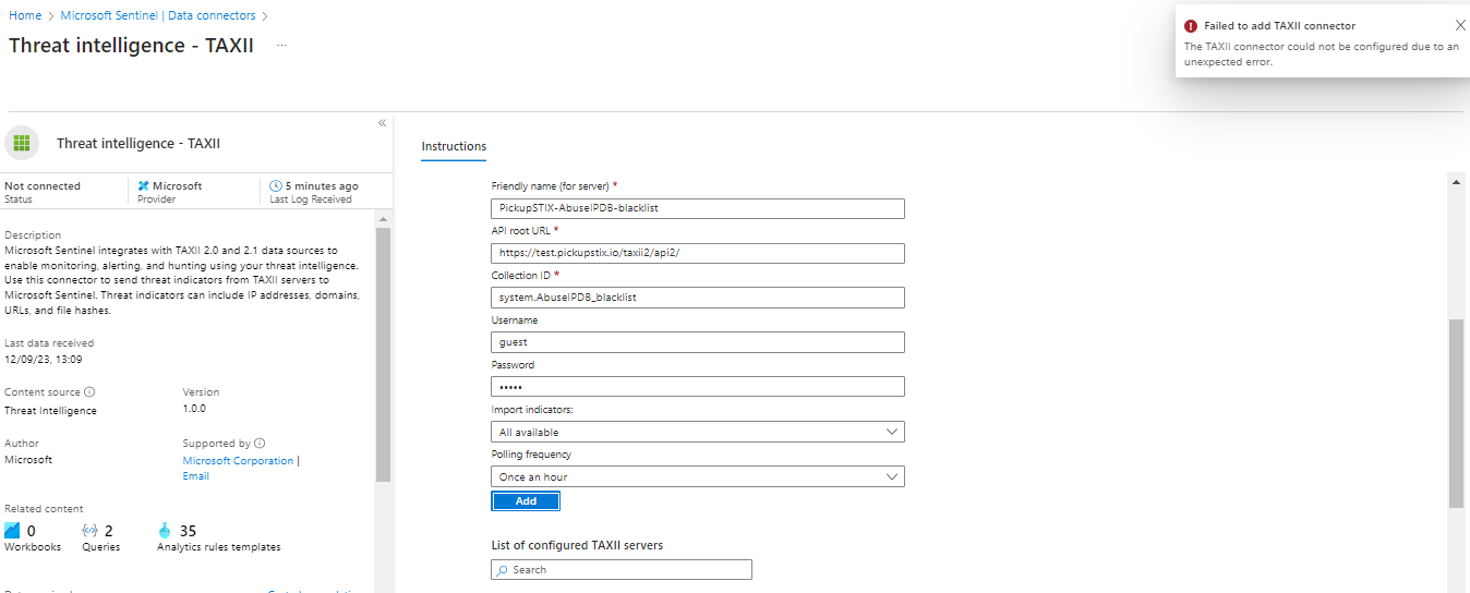 Taxii Feed From Microsoft Tutorial Error · Issue 8988 · Azureazure 