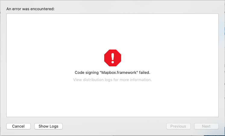 Not able to upload build to App Store, getting error code signing "Mapbox.framework" failed ...