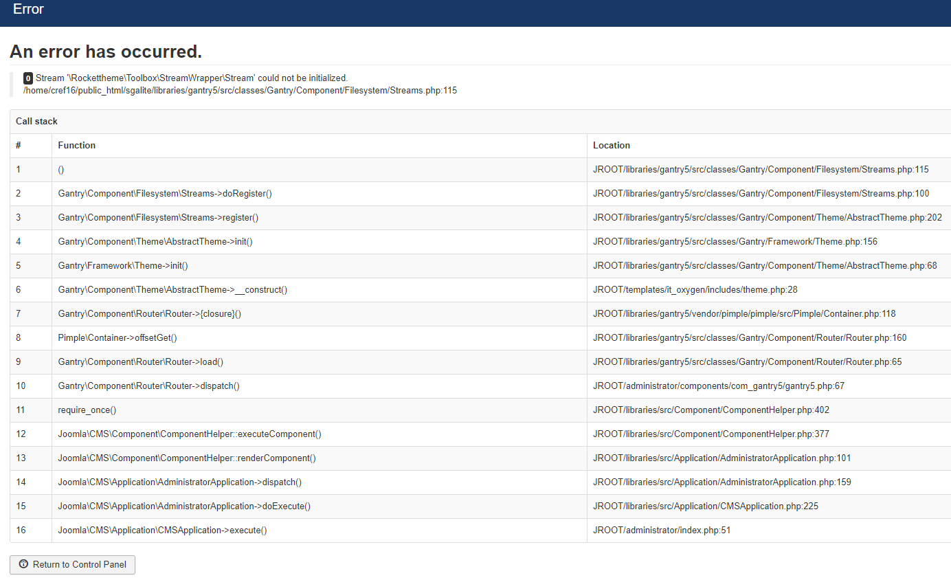 Error Stream Xxx Could Not Be Initialized · Issue 2984 · Gantry Gantry5 · Github