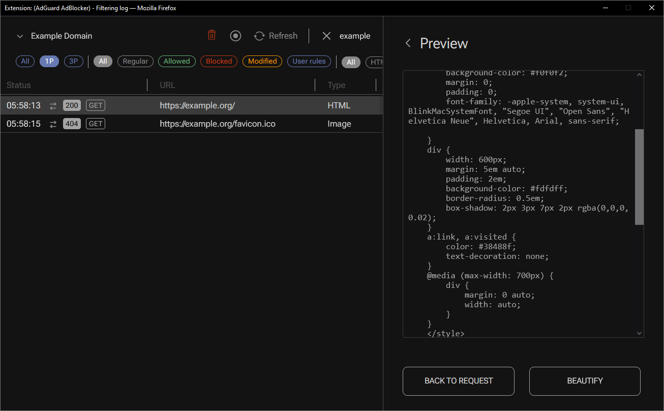 Filtering log: `Request details` panel is automatically closed when loading a website in another ...