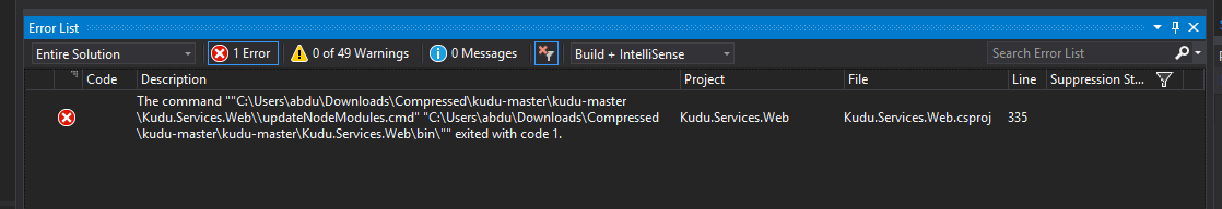 The command Kudu.Services.Web\\updateNodeModules.cmd exited with code 1 ...