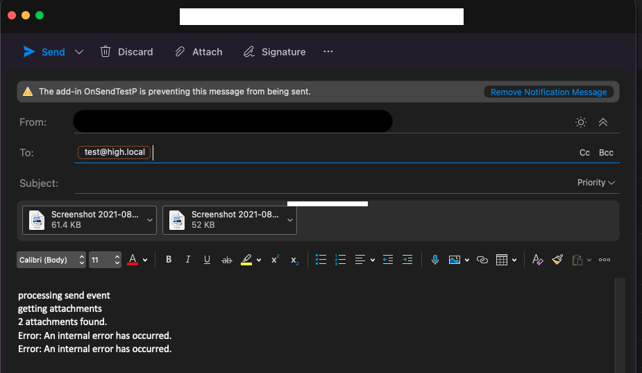 Outlook on Mac - New UI - getAttachmentContentAsync() fails inside ItemSend handler with Error ...