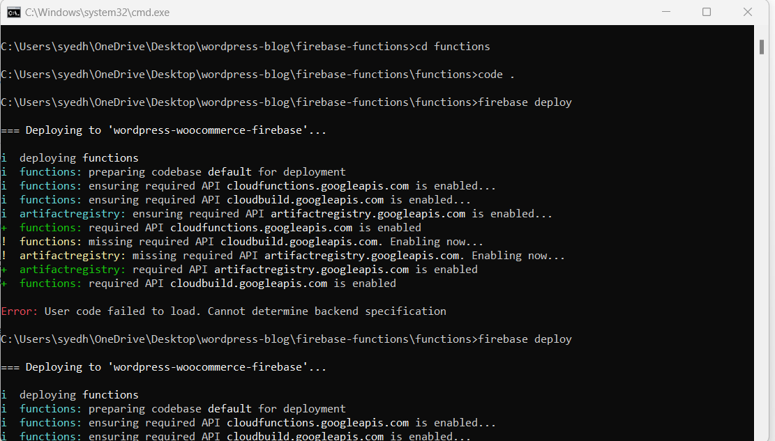Failed to load function definition from source: FirebaseError: User code failed to load. Cannot ...