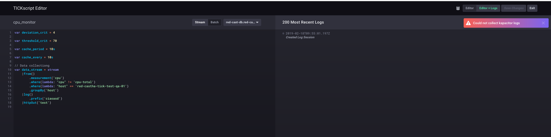 [TICKScript Editor] Could not collect kapacitor logs · Issue #5050 · influxdata/chronograf · GitHub