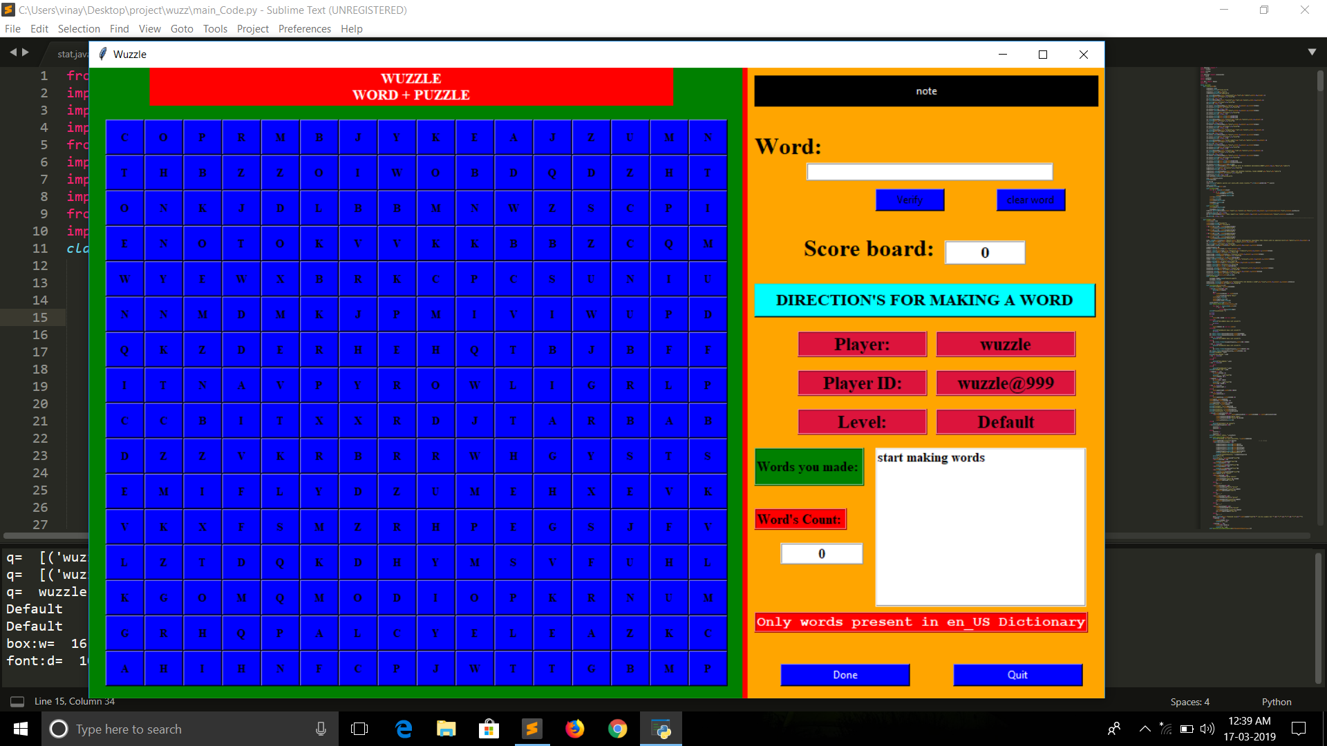 GitHub - ChilukuriVinayKumar/wuzzle-python: word game(python)