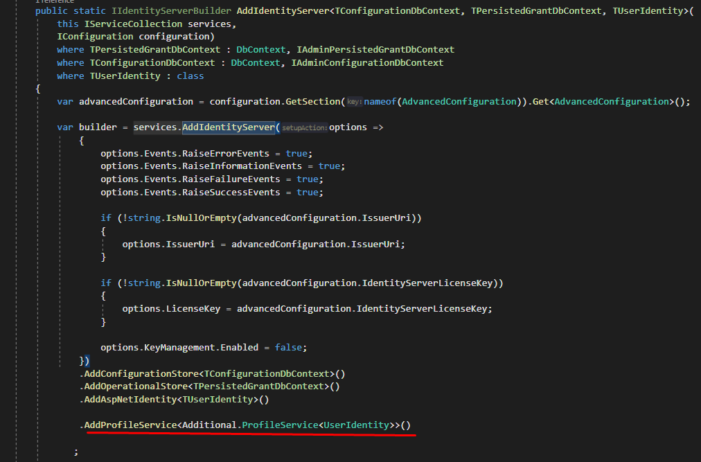 How to add profile service correctly (.AddIdentityServer ...