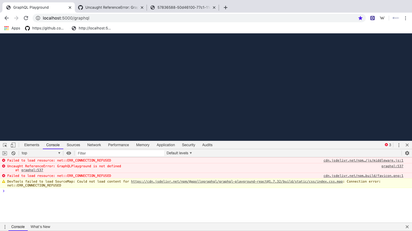 Uncaught ReferenceError: GraphQLPlayground is not defined. Failed to load resource: net::ERR ...