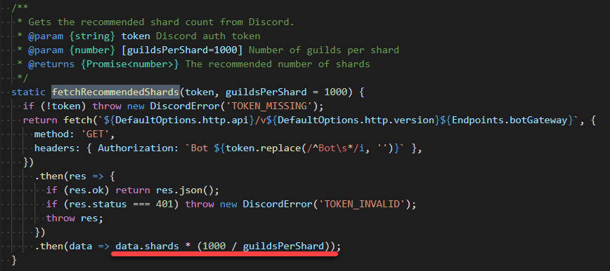 Discordjs logic in fetchRecommendedShards doesn't account for large bot sharding when not using ...