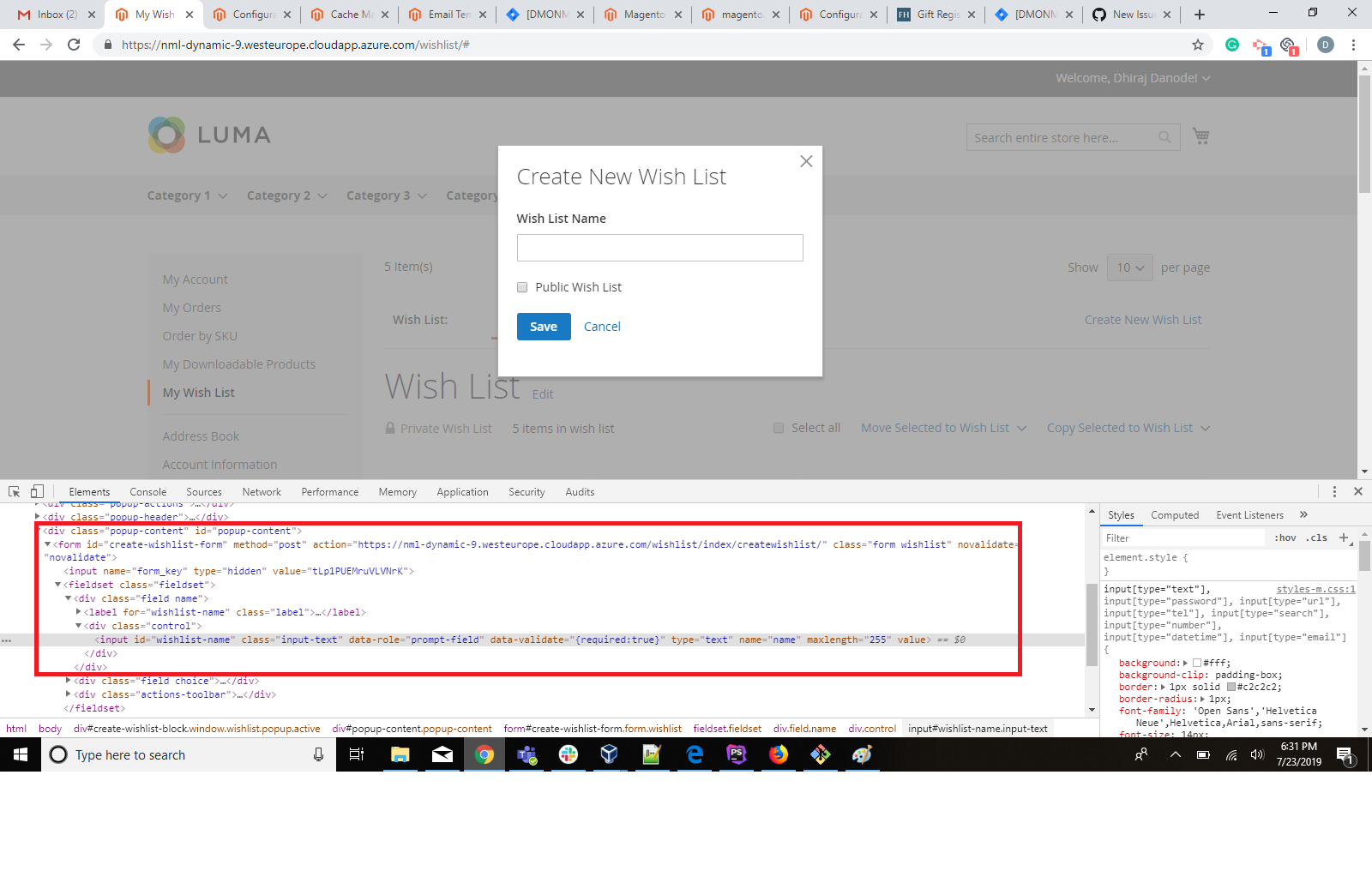Create New Wishlist not working in magento 2.3.1 · Issue #23836 · magento/magento2 · GitHub