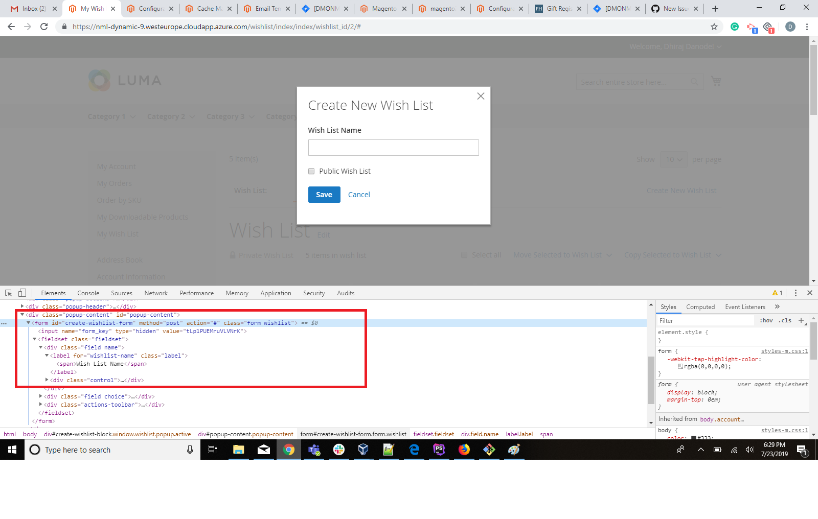 Create New Wishlist not working in magento 2.3.1 · Issue #23836 · magento/magento2 · GitHub
