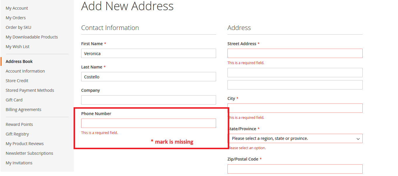 Magento 2.3.2 My Account -> Add new Address -> Phone number field not showing with * mark ...