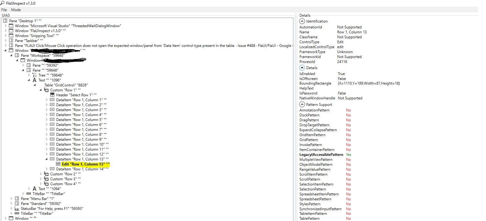 FLAUI Click/Mouse Click operation does not open the expected window/panel from 'Data Item ...