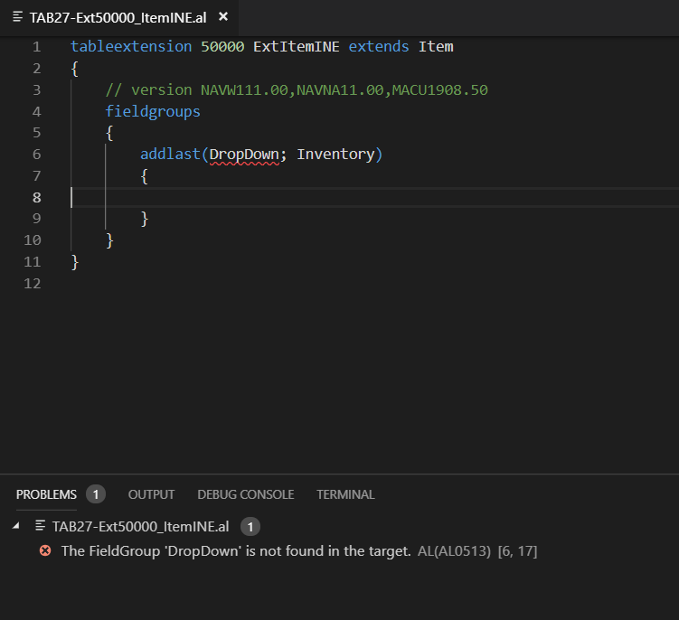 Error in adding field to DropDown fieldgroups · Issue #4643 · microsoft/AL · GitHub