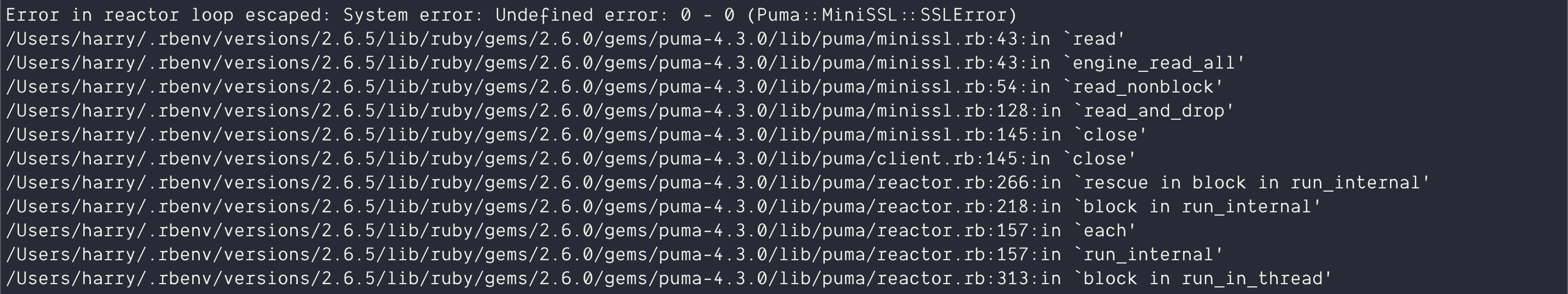 Error in reactor loop escaped: System error: Undefined error: 0 - 0 (Puma::MiniSSL::SSLError ...