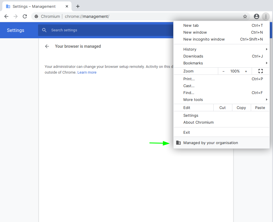 "Managed by your organisation" showing in Chromium settings menu ...
