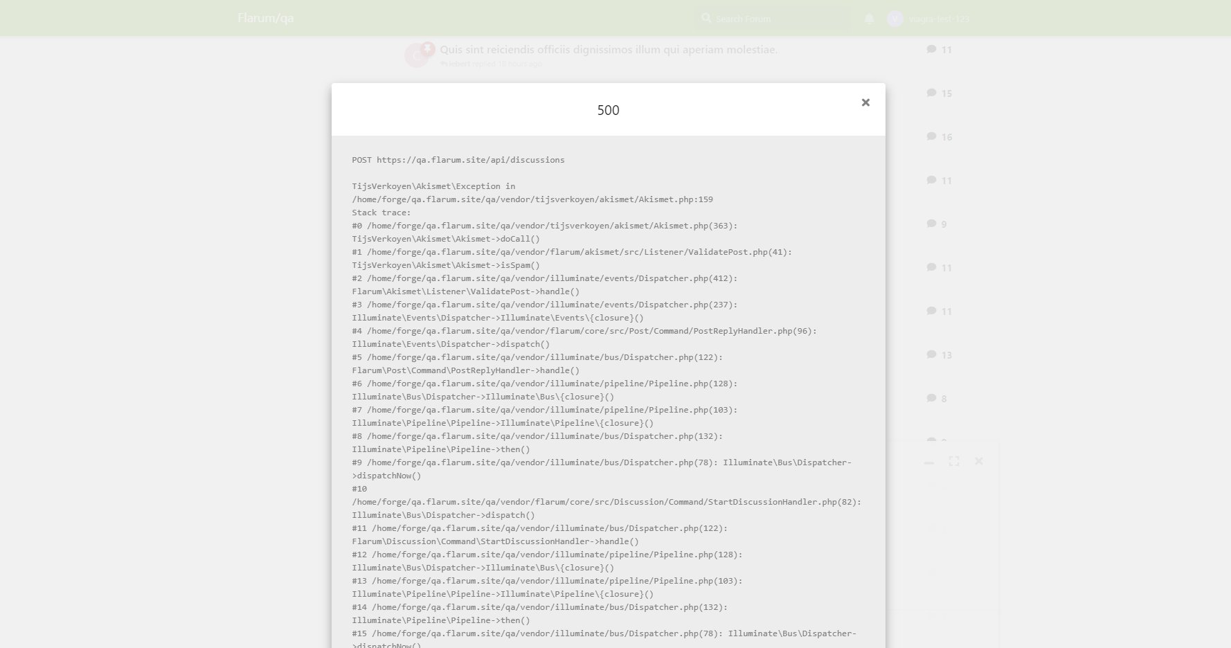 Akismet throws an error when spam is detected. · Issue #2691 · flarum/framework · GitHub