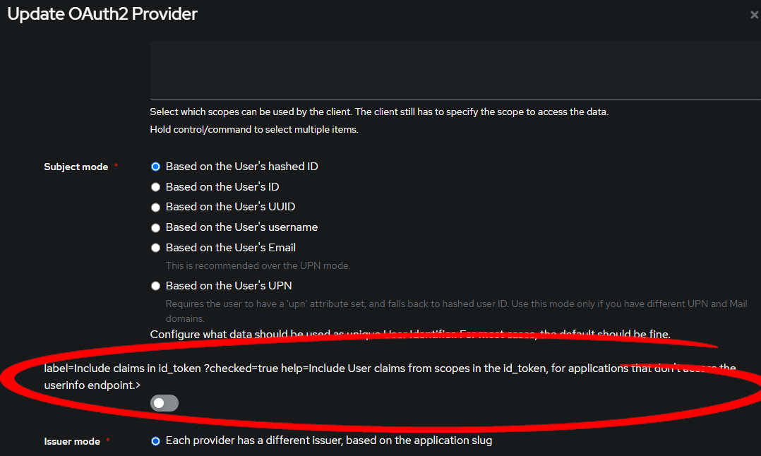 Create or edit Oauth2 provider page - unable to tick "include claims in ID token" due to ...