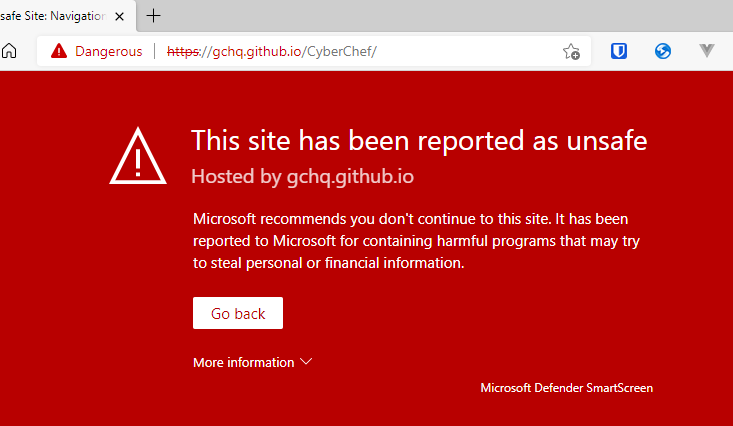 Bug report: CyberChef flags Windows Defender SmartScreen · Issue #1210 · gchq/CyberChef · GitHub