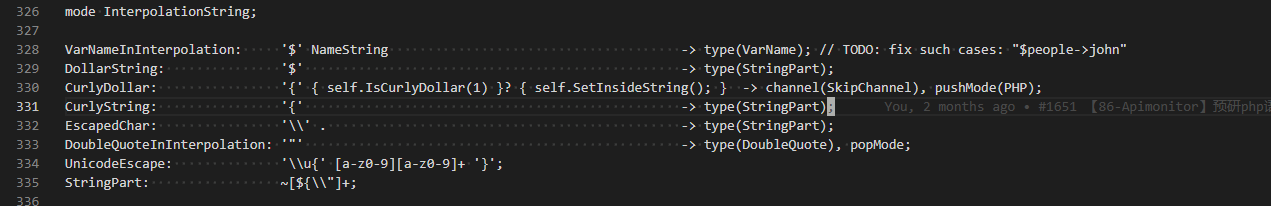 php grammer,how to interpretor "a{$var}";the error is no viable alternative at input '"a{$var ...